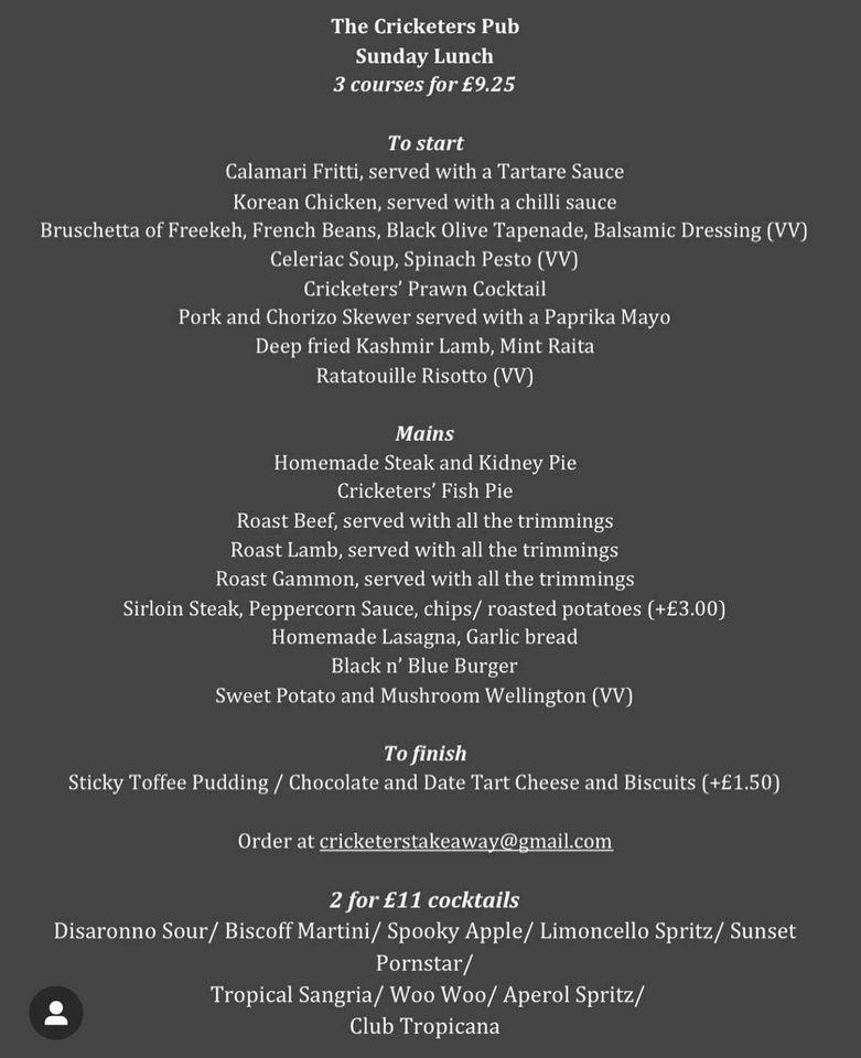 Menu at The Cricketers pub & bar, Southend-on-Sea, 228 London Rd