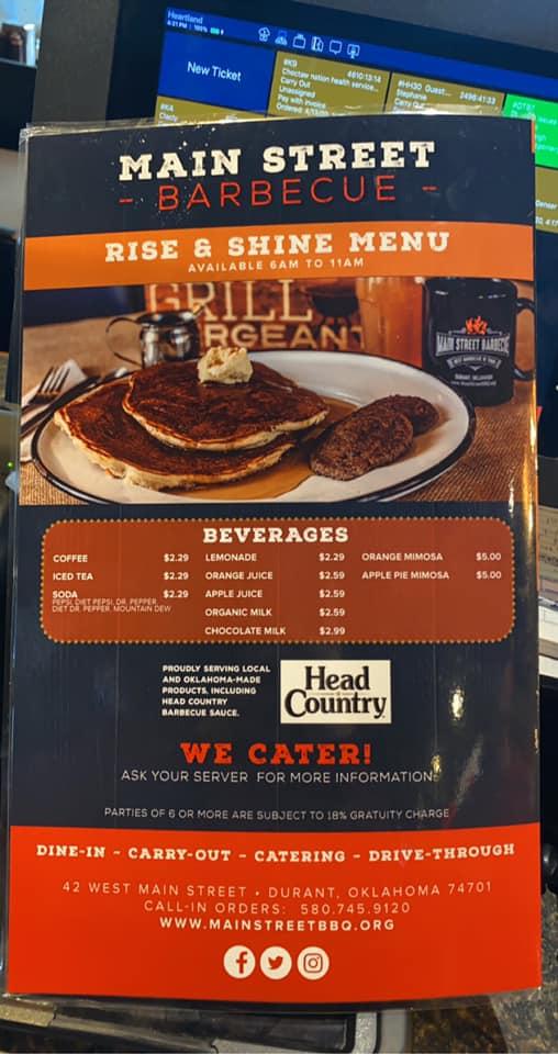 Menu at Main Street Barbecue, Durant