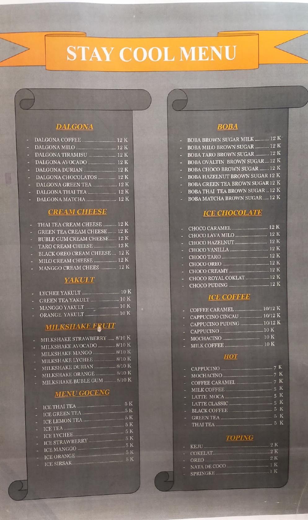 Menu at Stay Cool Kedai Minuman Boba Brown Sugar, Dalgona, Cream Cheese ...