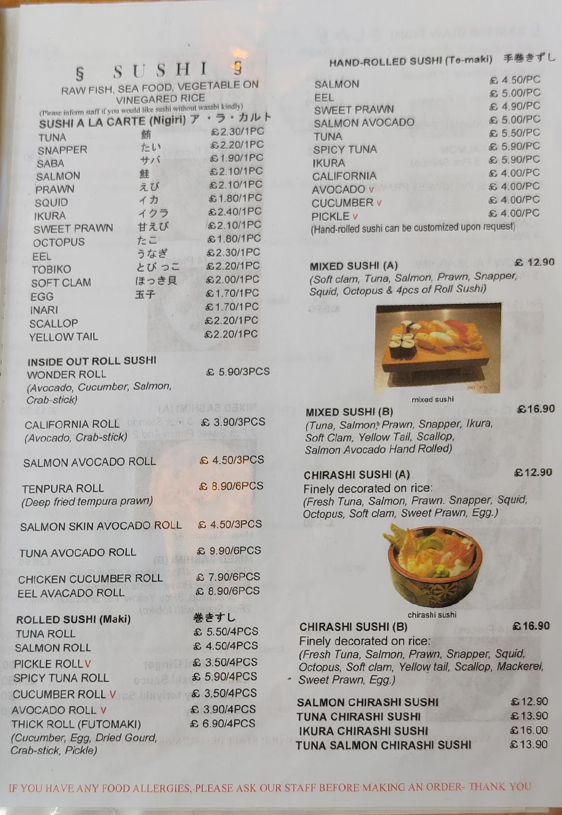 Menu at Taro - Soho restaurant, London, 61 Brewer St
