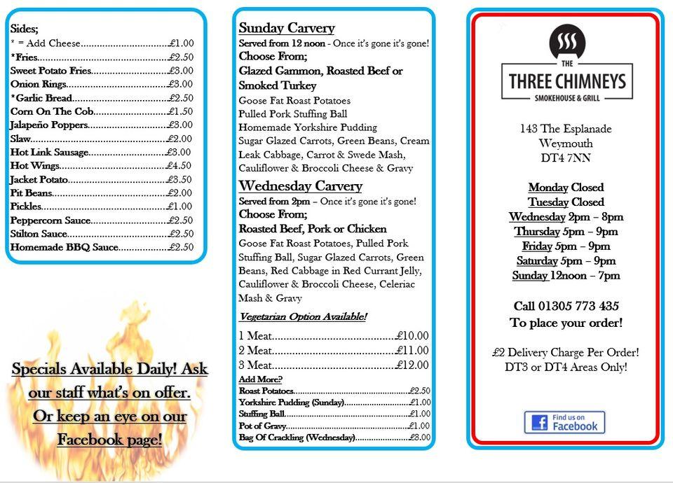 Menu at The Three Chimneys restaurant, Weymouth