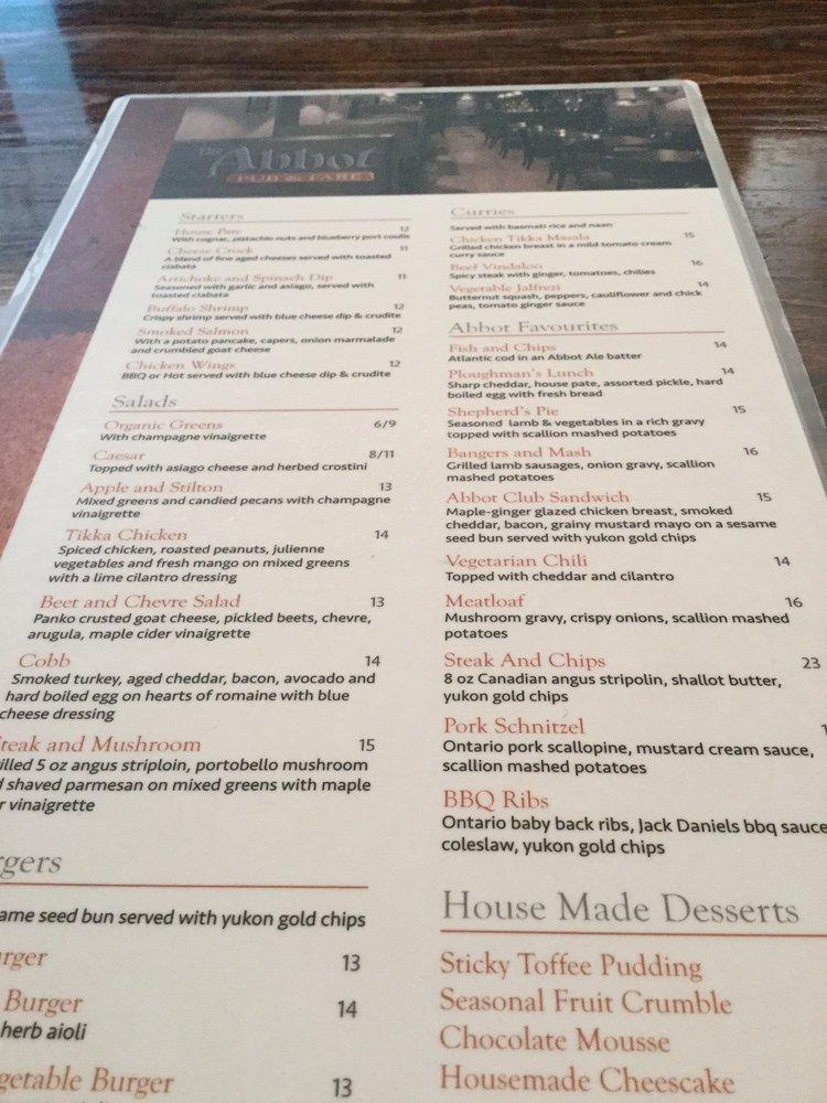 Menu at Abbot Pub, Toronto, Yonge St