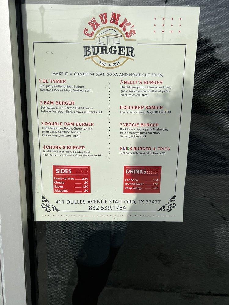 Menu at Chunk's Burger restaurant, Stafford