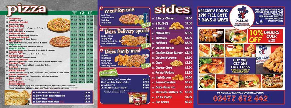 Menu at Dallas Chicken & Pizza pizzeria, Coventry