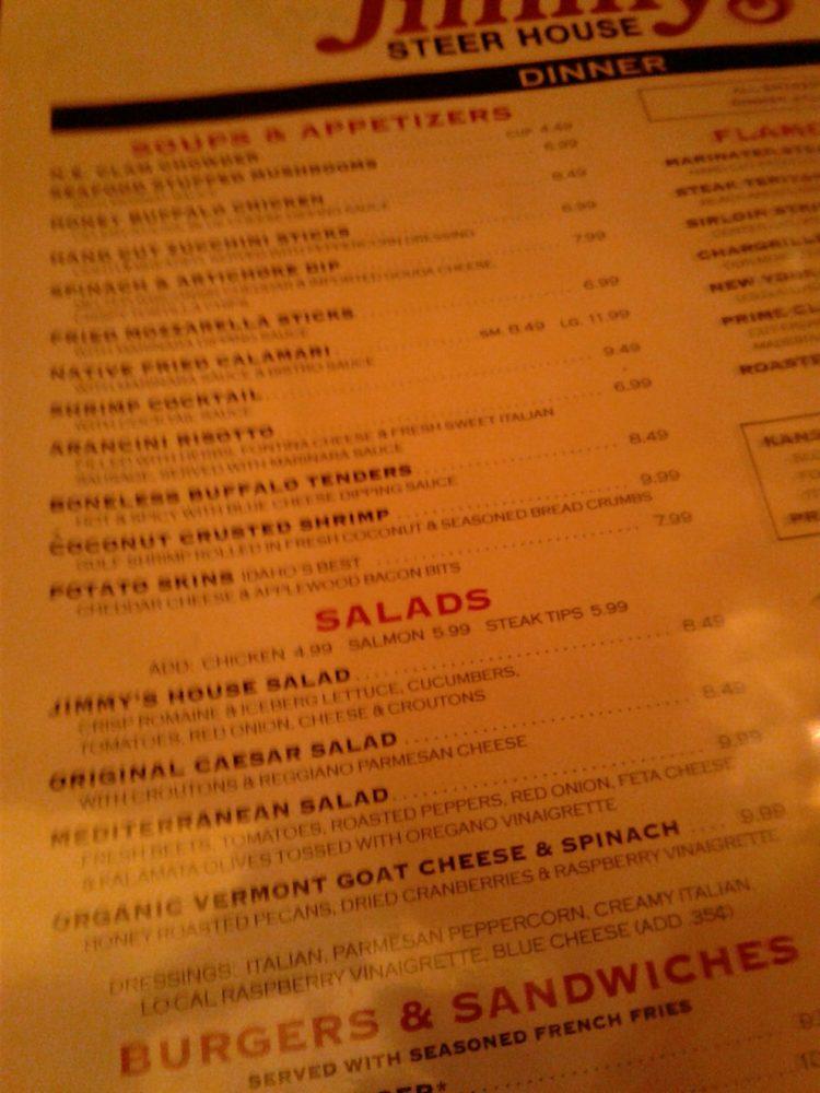 Menu at Jimmy's Steer House steakhouse, Saugus, 114 Broadway