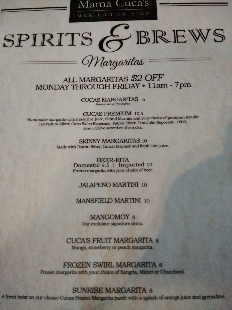 Menu at Mama Cuca's Mexican Cuisine restaurant, Mansfield