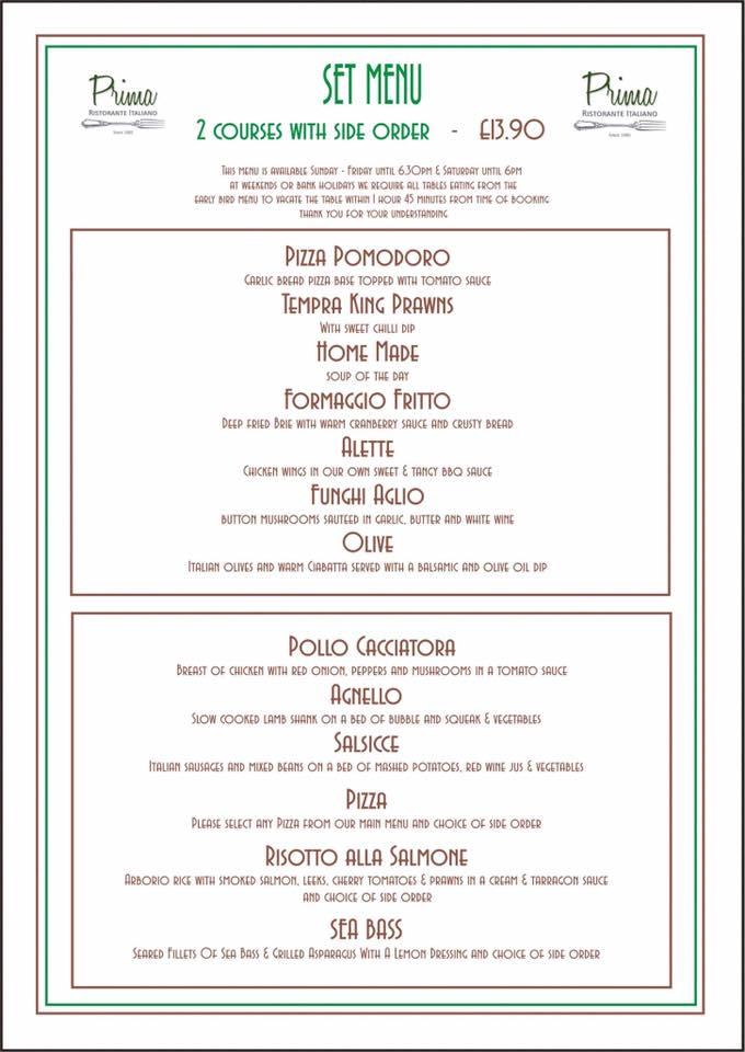 Menu at Prima Pizzeria, Ripon