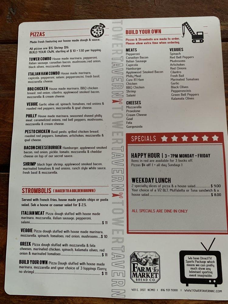 Menu at Tower Tavern pub & bar, Kansas City
