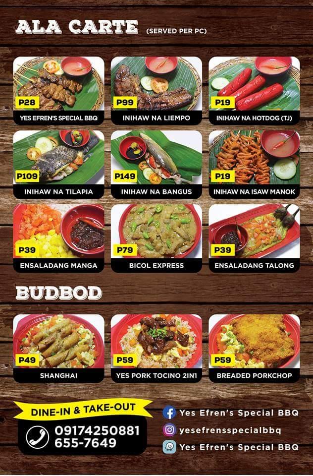 Menu at Yes Efren's Special BBQ, Cainta