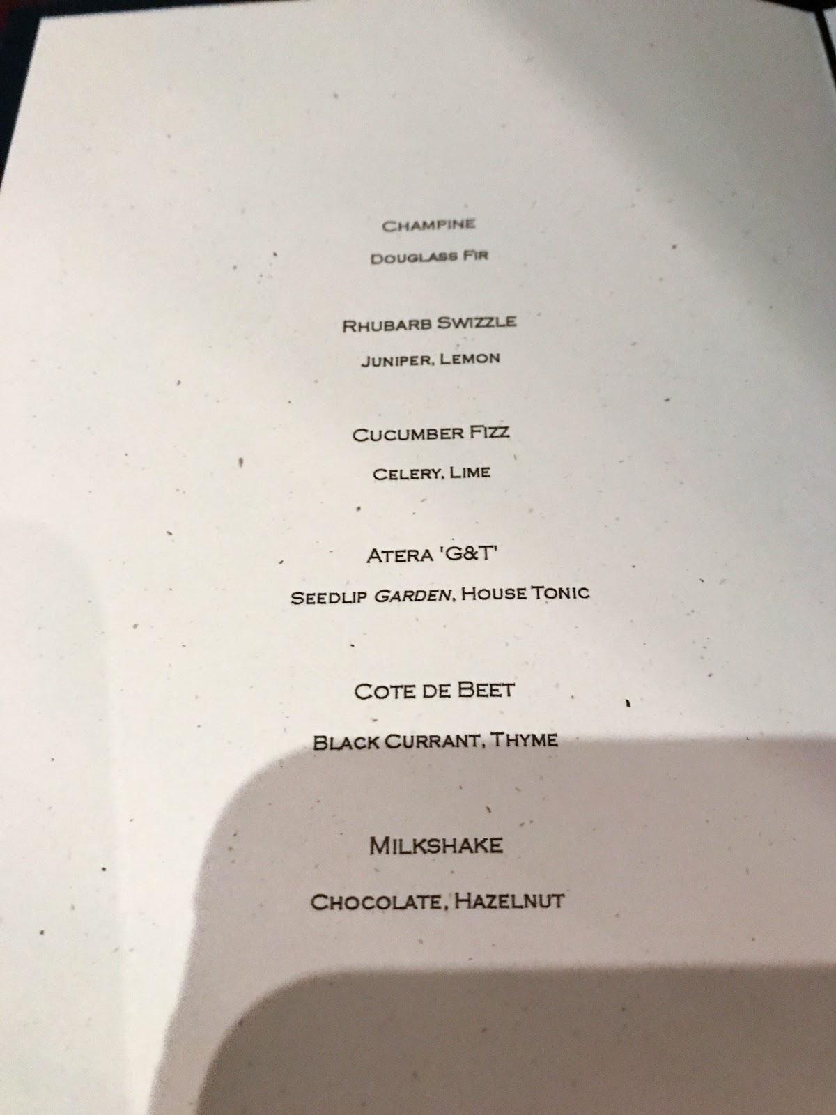 Menu at atera restaurant, New York City