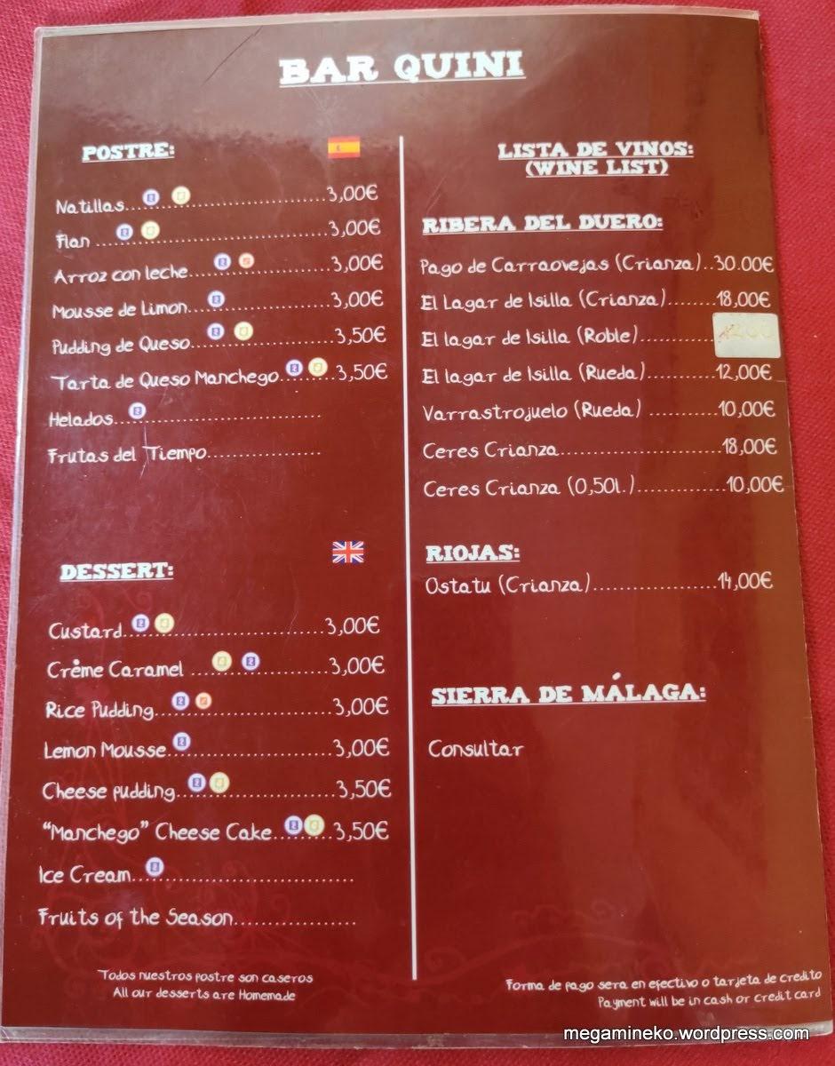 Carta de Bar Quini, Yunquera
