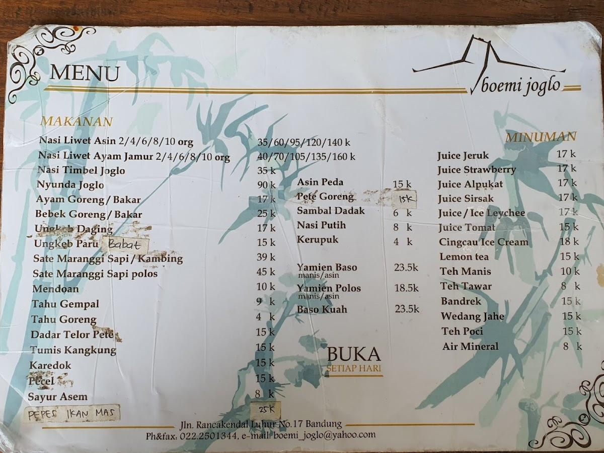 Menu at Boemi Joglo Dago Pakar restaurant, Bandung