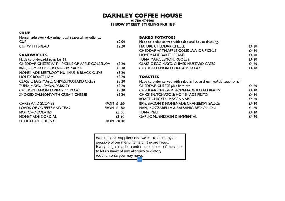 Menu at Darnley Coffee House, Stirling
