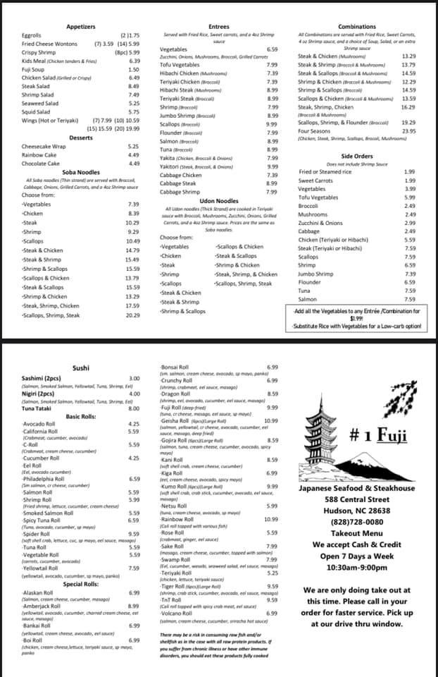 Menu at Fuji Japanese Seafood & Steak steakhouse, Hudson