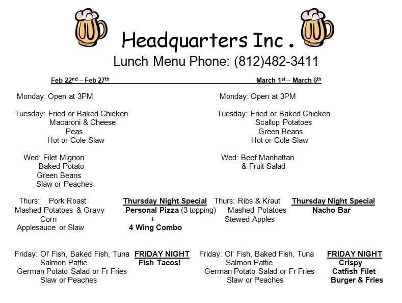 Menu at Headquarters Incorporated pub & bar, Jasper