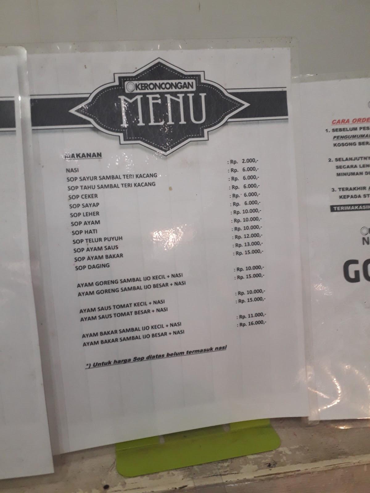 Menu at KERONCONGAN restaurant, Pekanbaru, Jl. Manyar Sakti