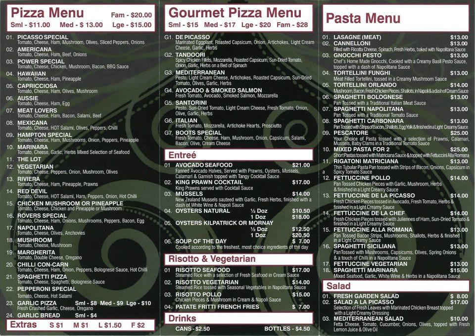 Menu at Picasso's fast food, Hampton