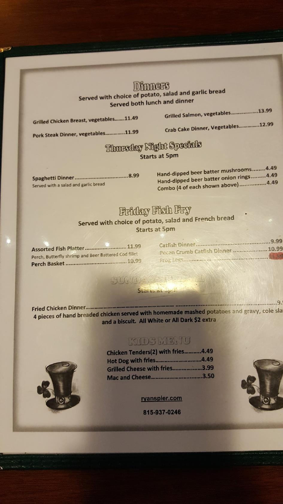 Menu at Ryans Pier pub & bar, Aroma Park