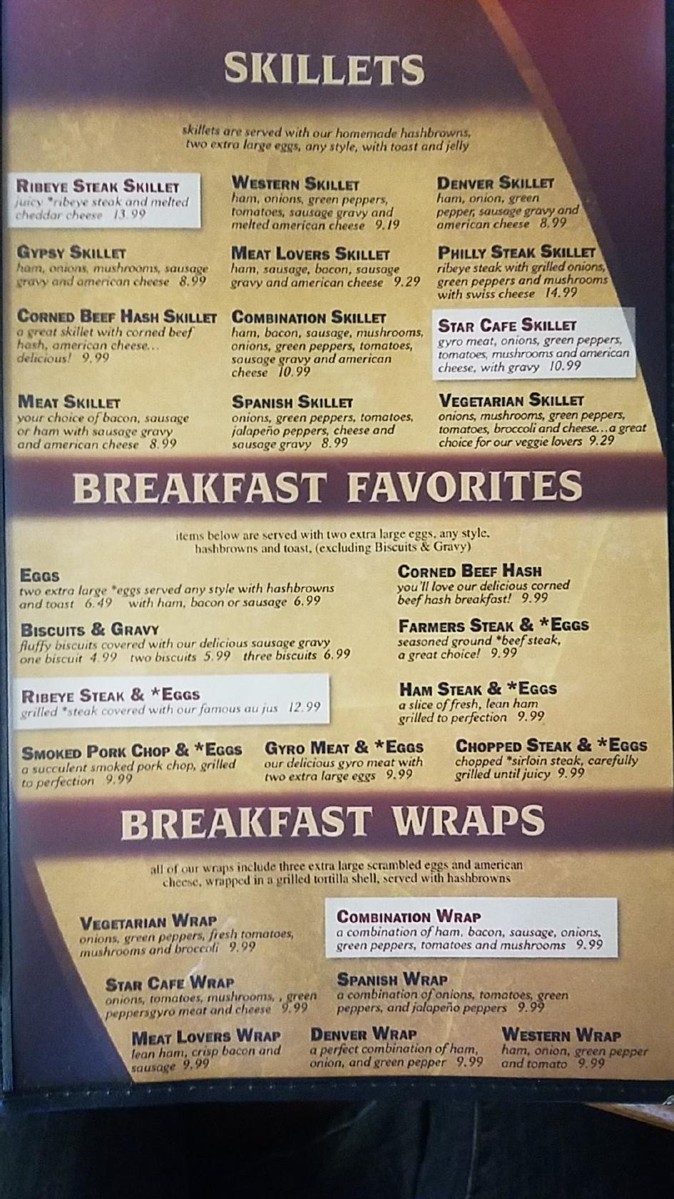 Menu at Star Cafe, Beardstown, US-67