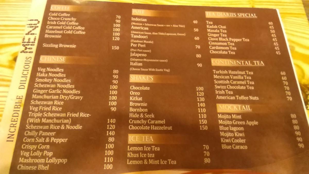 Menu at Tea Diaries Cafe, Indore