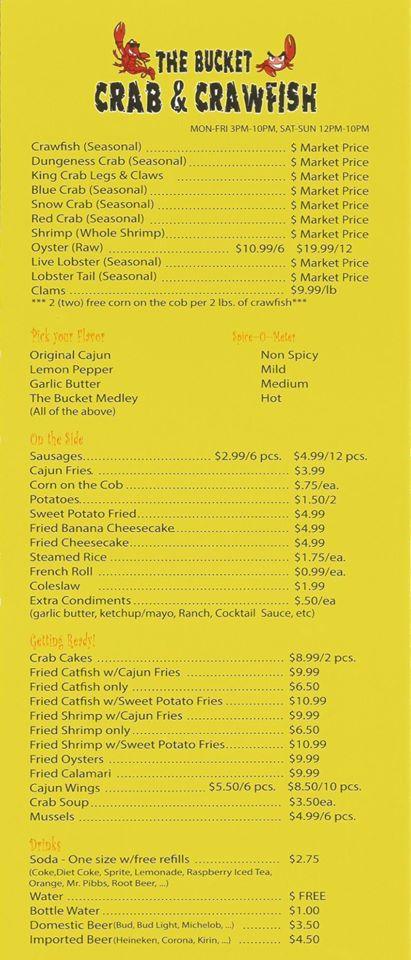 Menu at The Bucket Crab & Crawfish restaurant, Corona