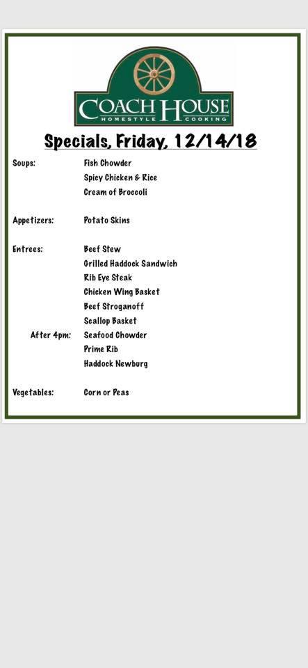 Menu at The Coach House Restaurant, Brewer