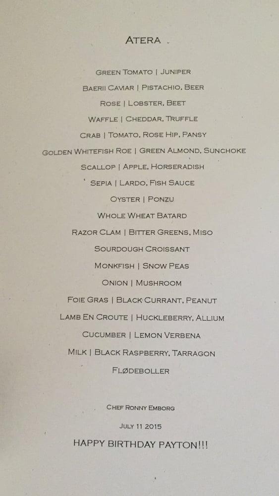 Menu at Atera restaurant, New York City
