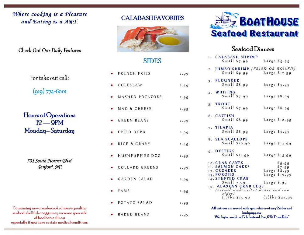 Menu at Boat House Seafood Restaurant, Sanford