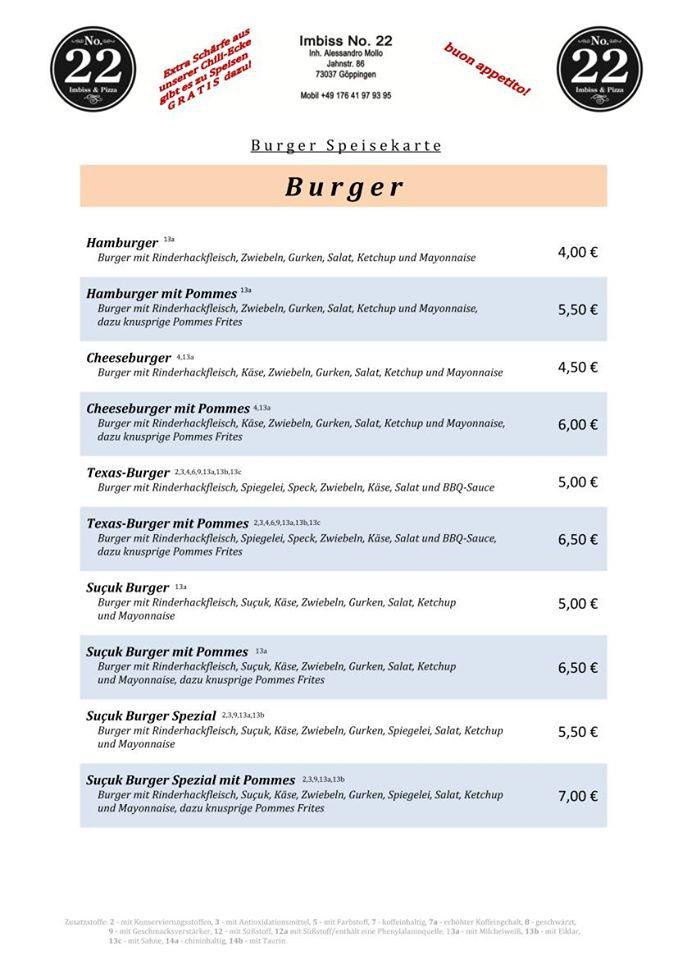 Speisekarte von Imbiss 22 pub & Bar, Göppingen