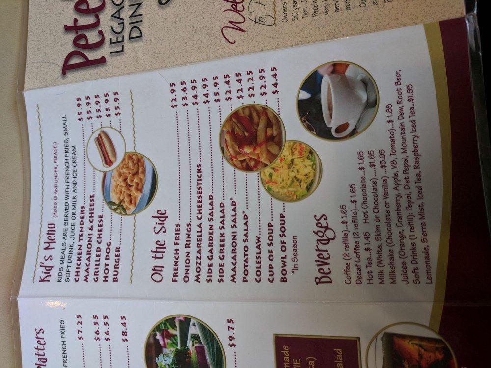 Menu at Pete’s Legacy Diner restaurant, Vestal
