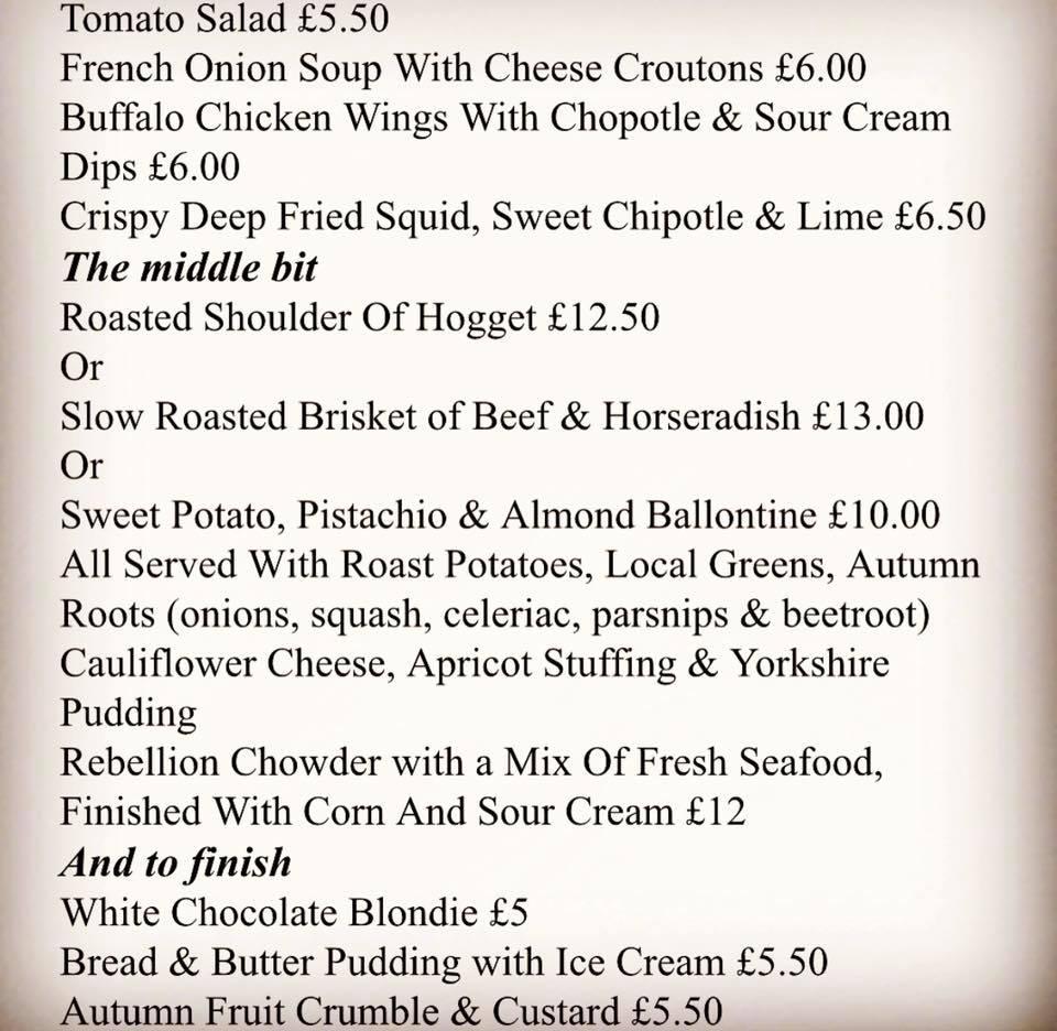 Menu at Rebellion Roast House restaurant, Newquay