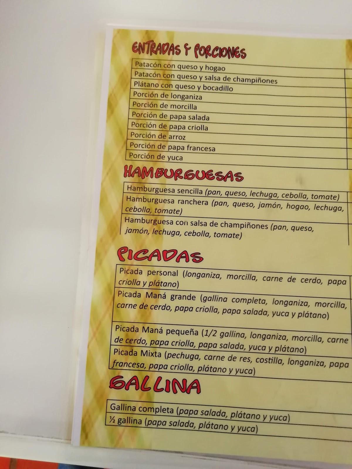 Menu at Restaurante El Mana, Tinjacá
