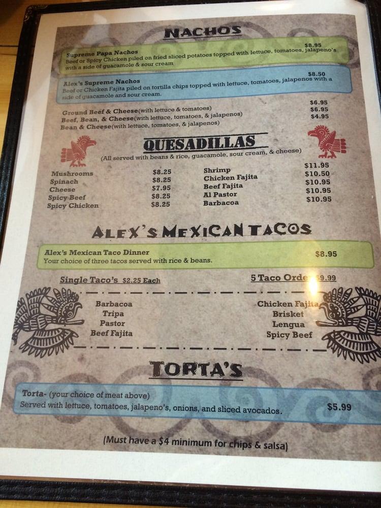 Menu at Alex's Mexican Tacos restaurant, Paris, NE Loop 286