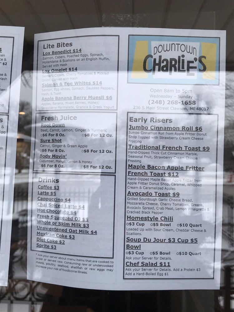 Menu at Downtown Charlie's restaurant, Clawson