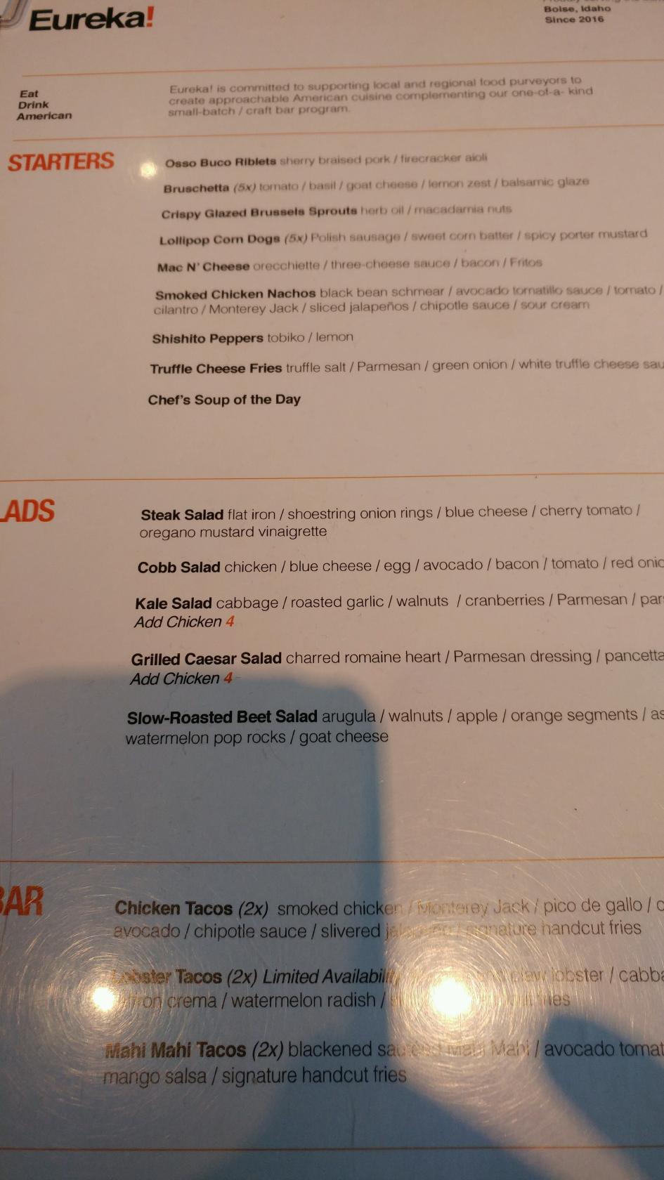 Menu at Eureka! restaurant, Boise