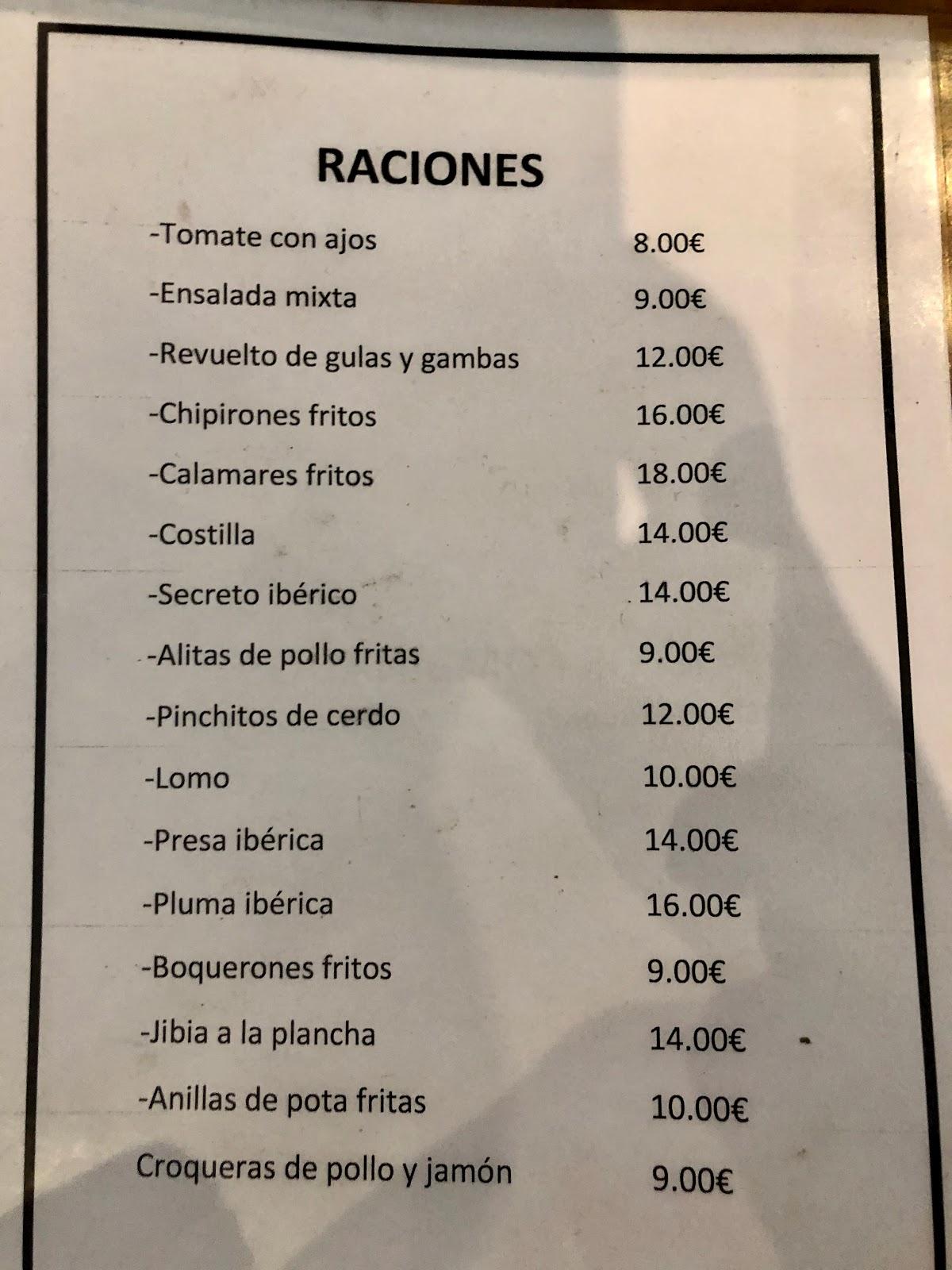 Carta de La Curva Restaurante, La Curva