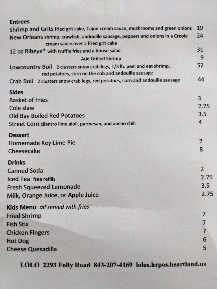 Menu at LoLo's restaurant, Charleston, Folly Rd