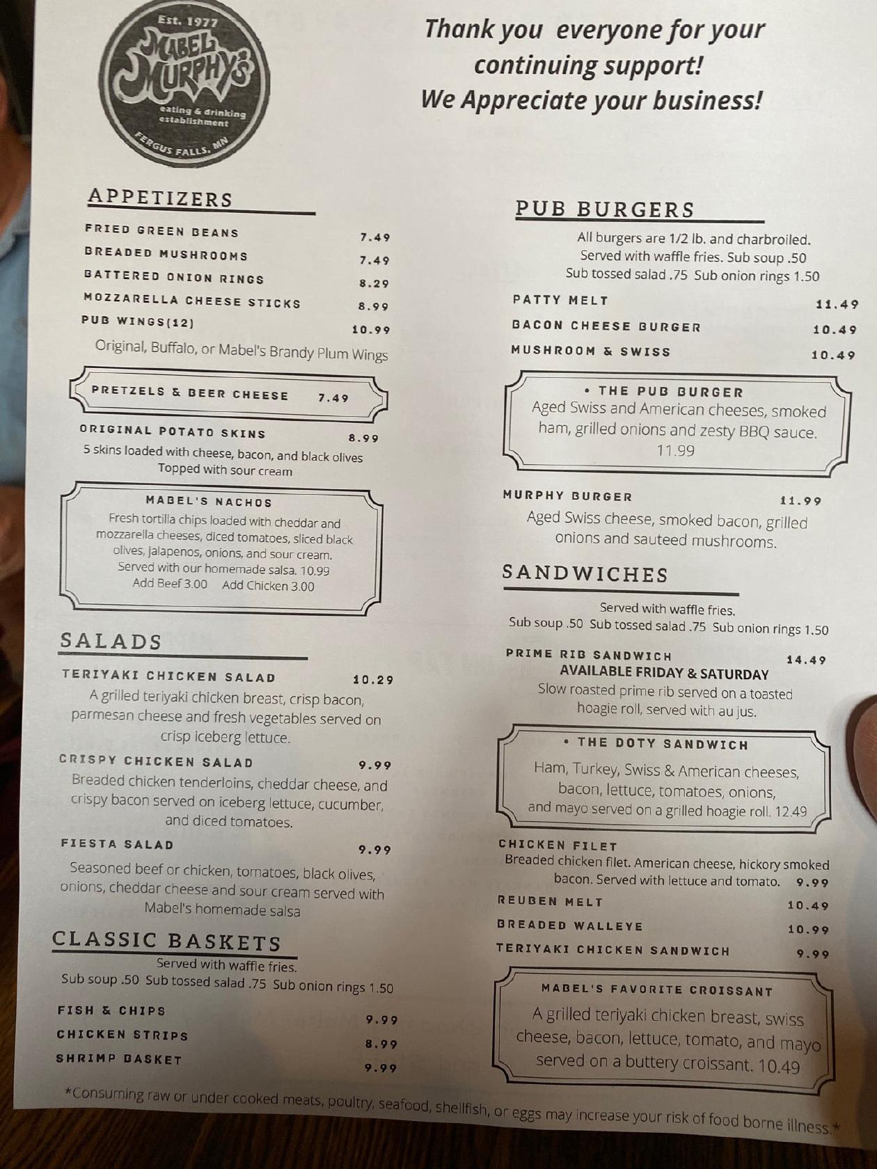 Menu at Mabel Murphy's pub & bar, Fergus Falls, MN-210