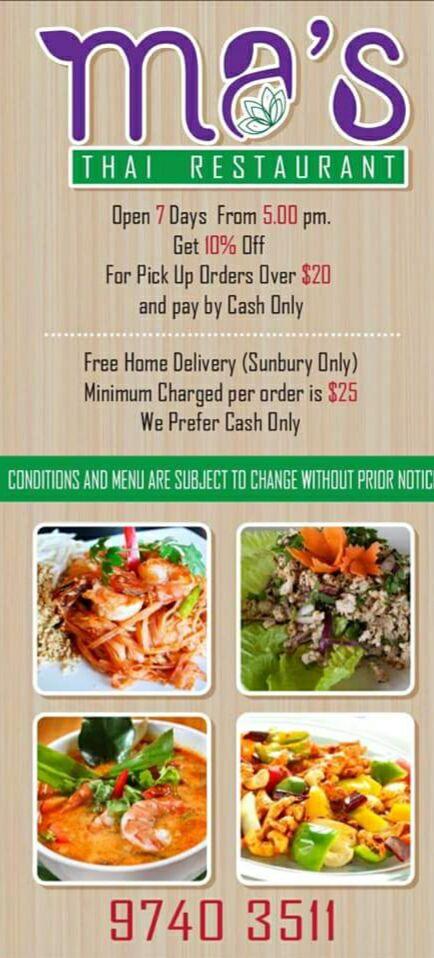 Menu at Ma's Thai Restaurant, Sunbury