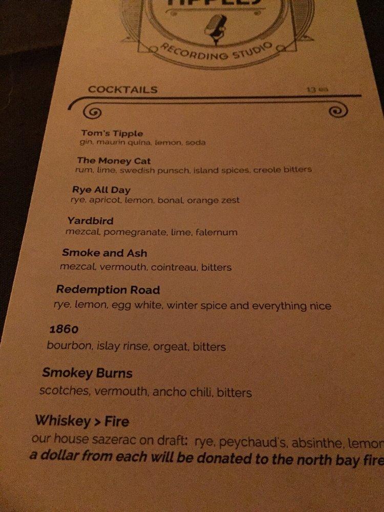 Menu at Mr. Tipple's Recording Studio pub & bar, San Francisco