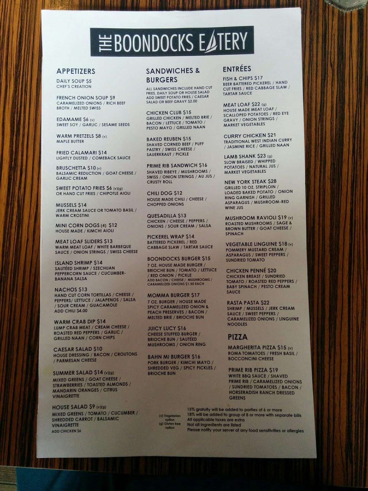 Menu at The Boondocks Eatery restaurant, Georgina