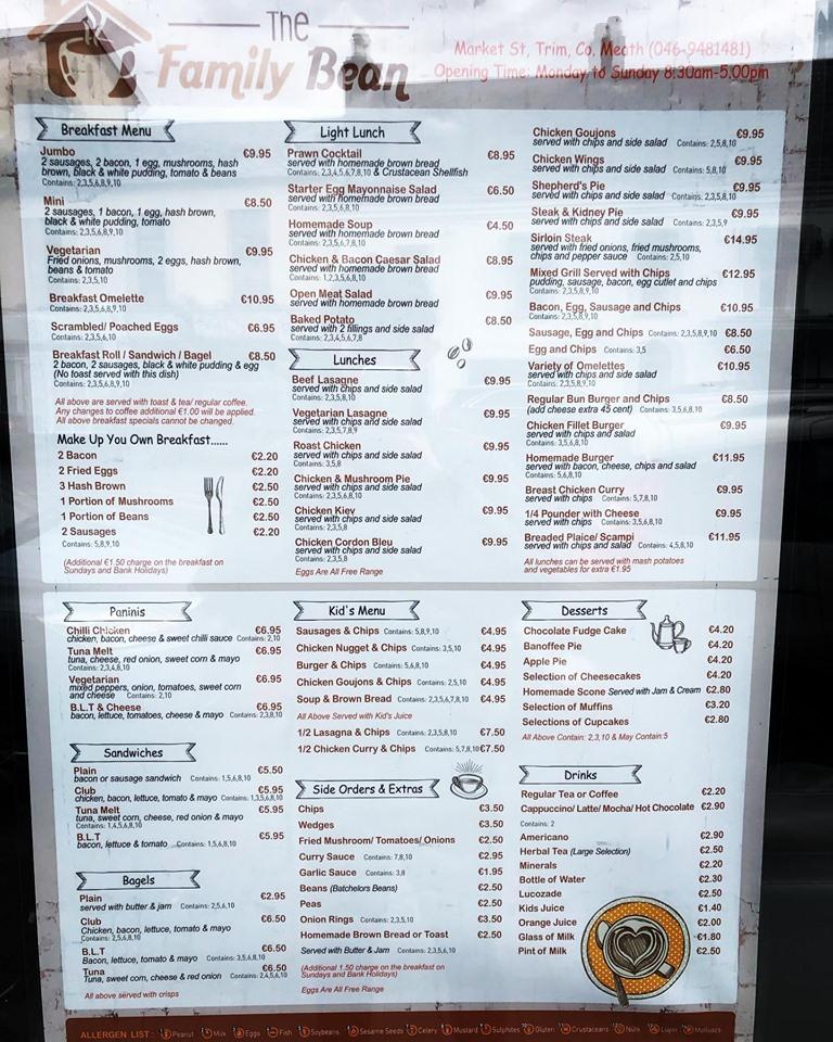 Menu at The Family Bean cafe, Trim