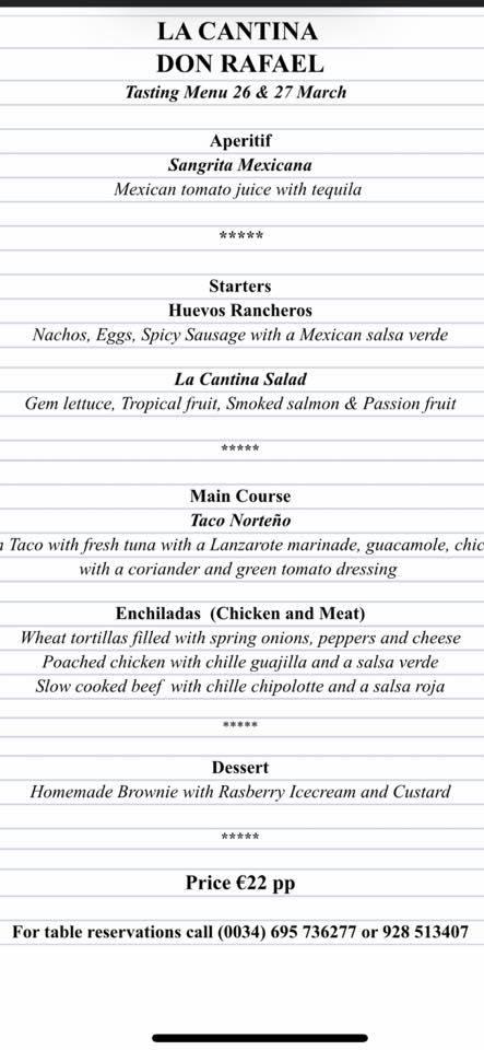 Menu at CANTINA DON RAFAEL restaurant, Puerto del Carmen, Av. de las Playas