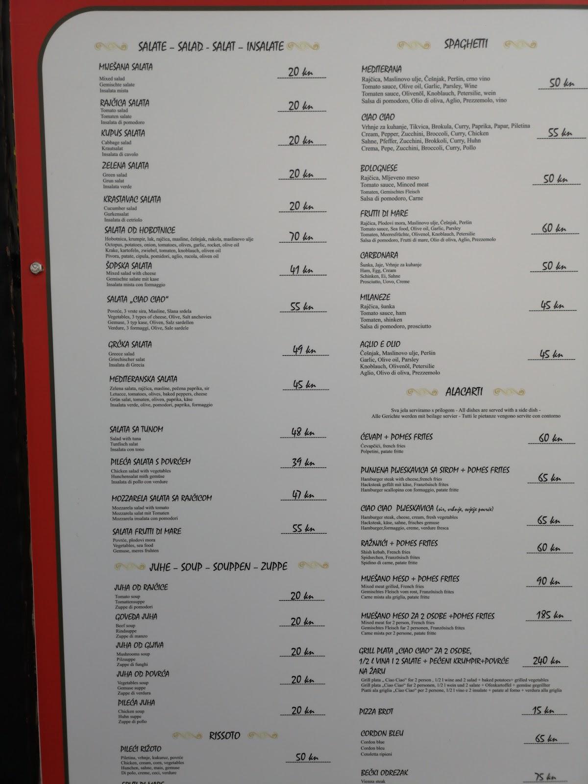 Menu at Ciao Ciao restaurant, Kukljica