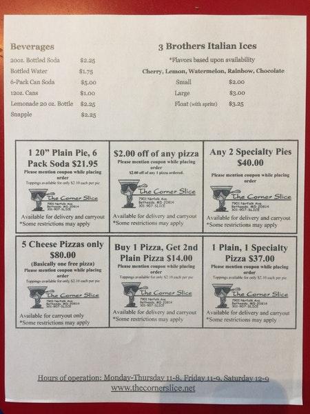 Menu at Corner Slice pizzeria, Bethesda
