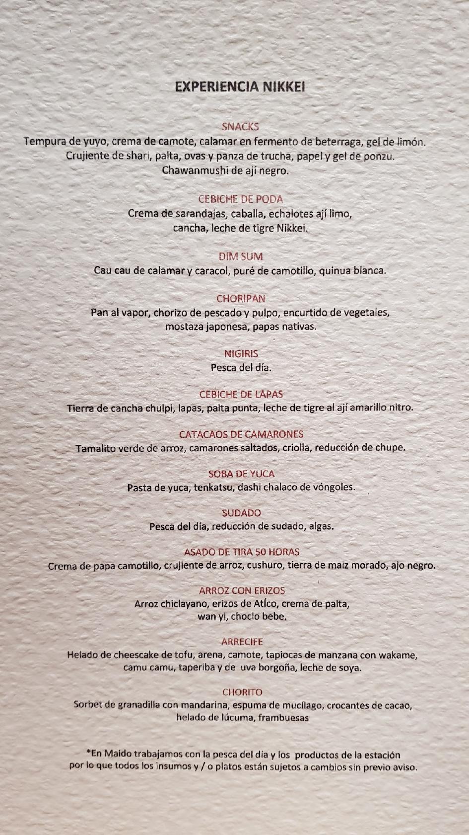 Carta del restaurante Maido, Miraflores, Calle San Martín 399 Esquina ...