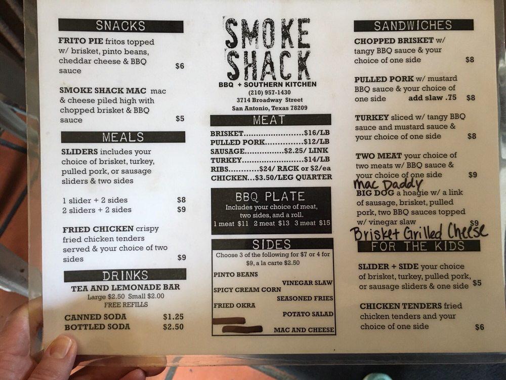Menu at Smoke Shack BBQ, San Antonio