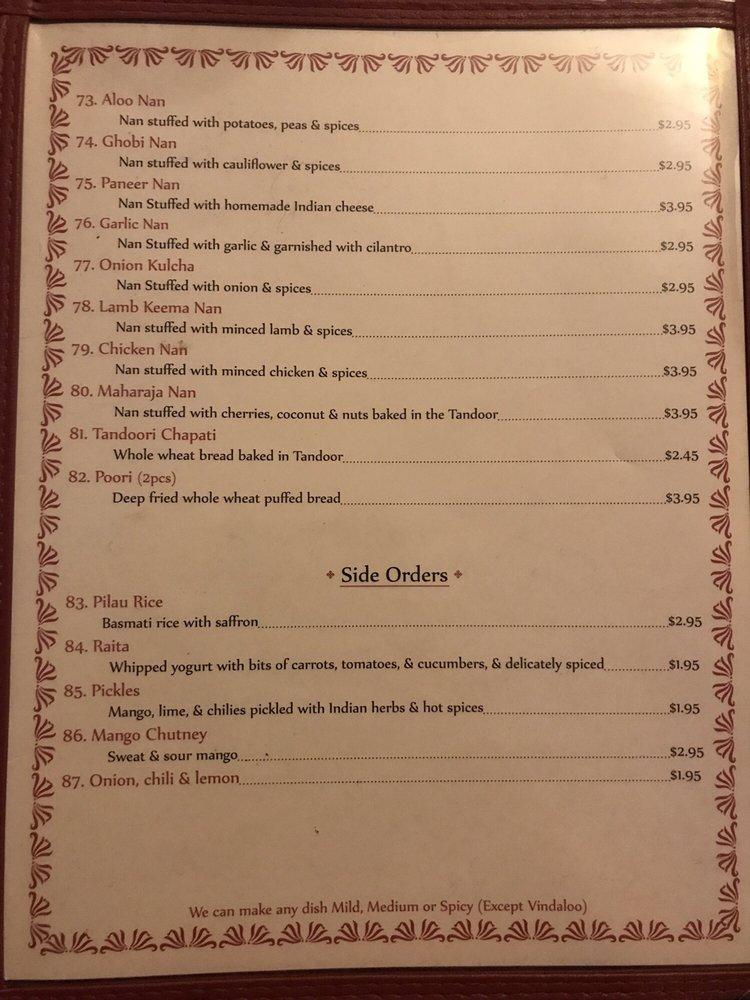 Menu at Taj Mahal Indian Restaurant, Springfield