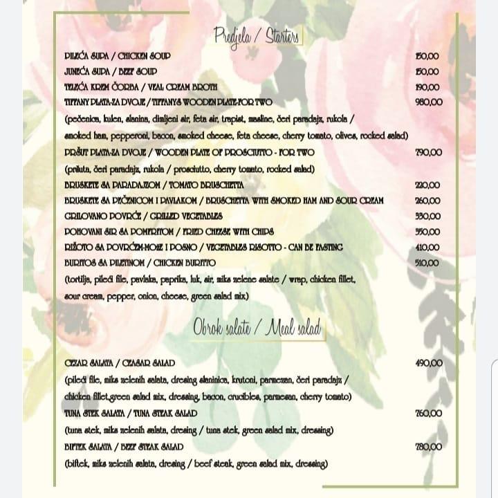 Menu at Tiffany restaurant, Vrbas, BB PALIH BORACA