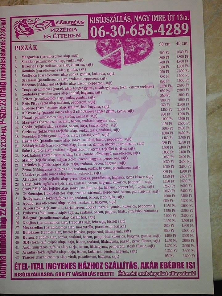 Menu at Atlantisz Pizzéria restaurant, Kisújszállás
